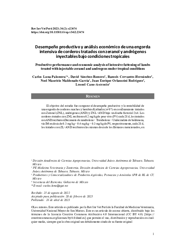 (PDF) Desempeño productivo y análisis económico de una engorda intensiva de corderos tratados ...