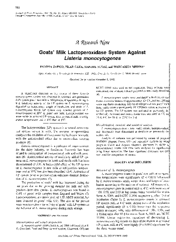 (PDF) Goats' Milk Lactoperoxidase System Against Listeria monocytogenes