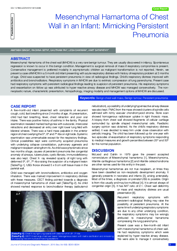 (PDF) Mesenchymal Hamartoma of Chest Wall in an Infant: Mimicking ...