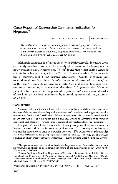 (PDF) Case Report of Conversion Catatonia: Indication for Hypnosis