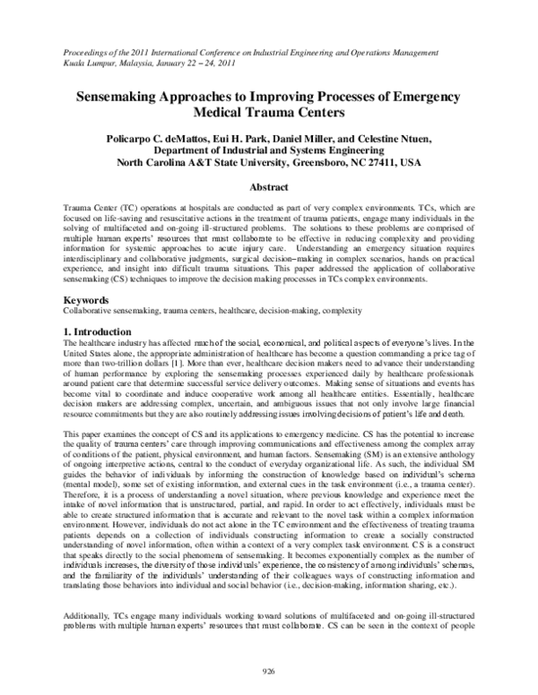 (PDF) Sensemaking Approaches to Improving Processes of Emergency Medical Trauma Centers