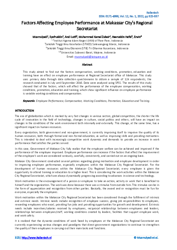 (PDF) Factors Affecting Employee Performance at Makassar City's ...