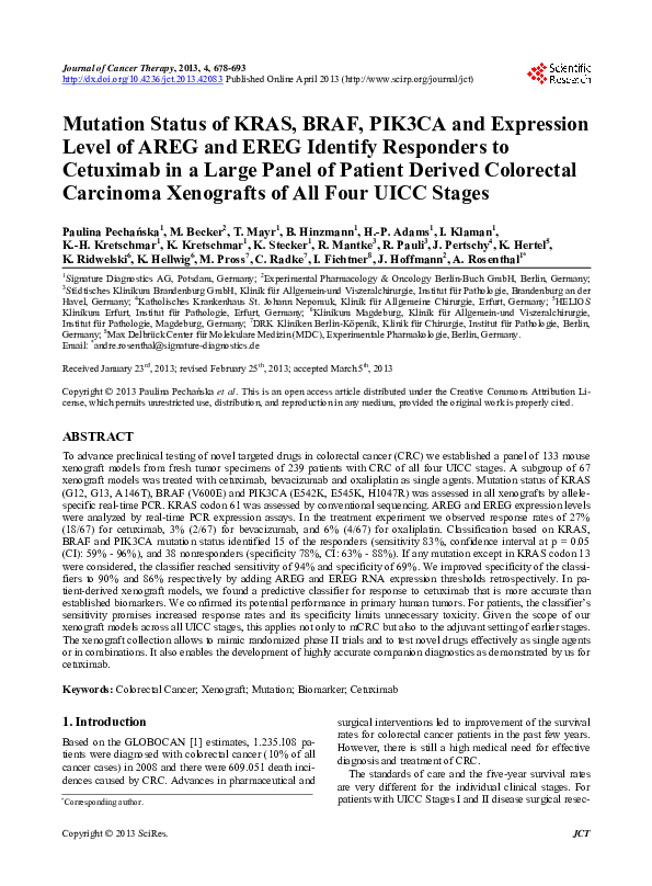 Mutation Status of KRAS, BRAF, PIK3CA and Expression Level of AREG and ...