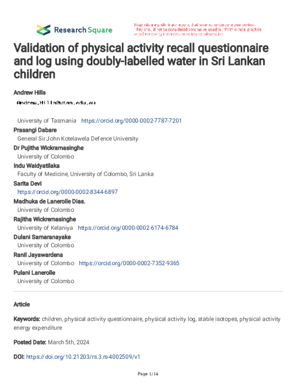 (PDF) Validation of physical activity recall questionnaire and log using doubly-labelled water ...