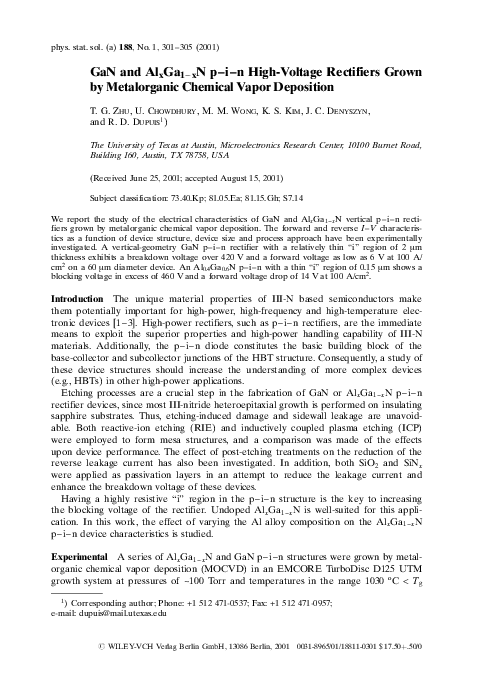 (PDF) GaN and AlxGa1xN p i n High-Voltage Rectifiers Grown by Metalorganic Chemical Vapor Deposition