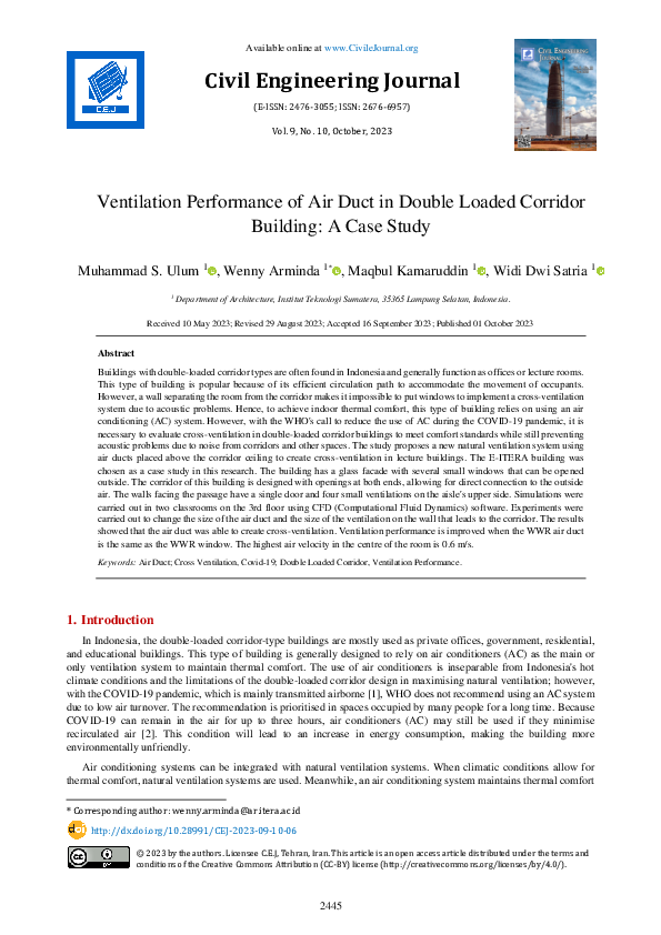 (PDF) Ventilation Performance of Air Duct in Double Loaded Corridor ...