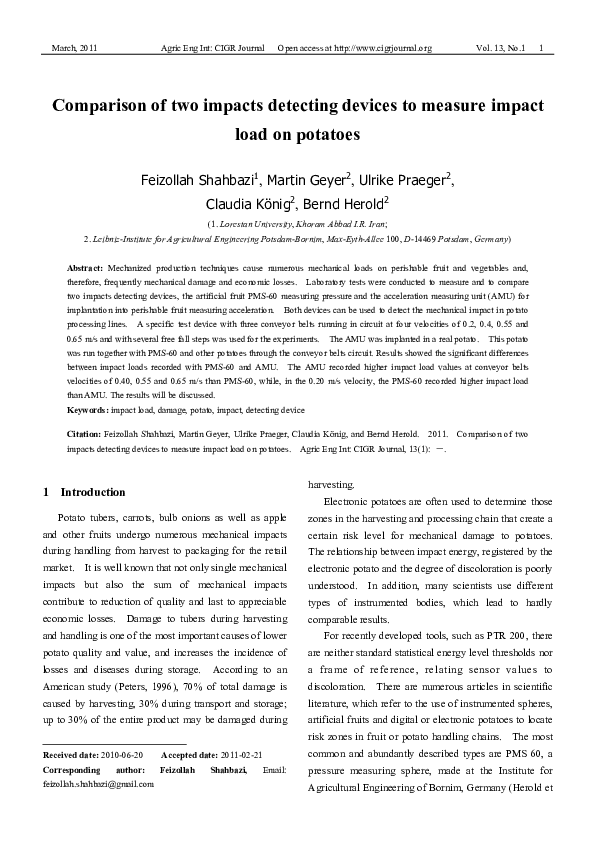 (PDF) Comparison of Two Impact Detecting Devices to Measure Mechanical Load on Potatoes