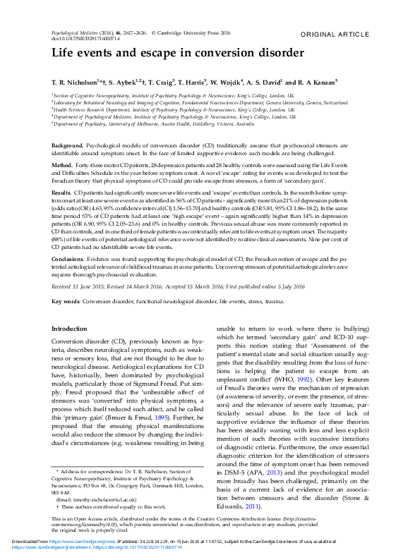 (PDF) Life events and escape in conversion disorder