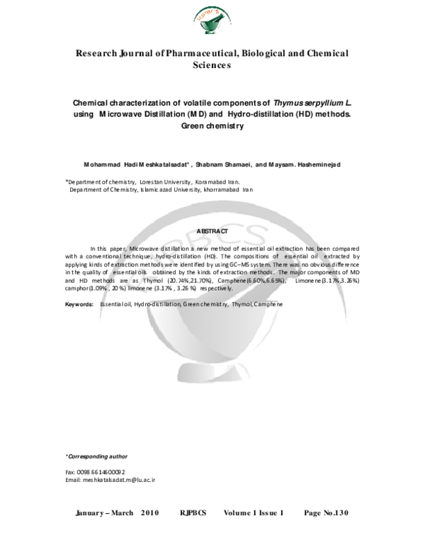 (PDF) Chemical characterization of volatile components of Thymus serpyllium L. using Microwave ...