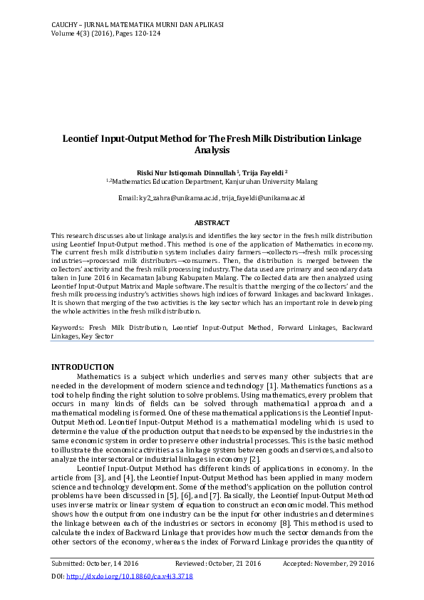 (PDF) Leontief Input-Output Method for The Fresh Milk Distribution Linkage Analysis