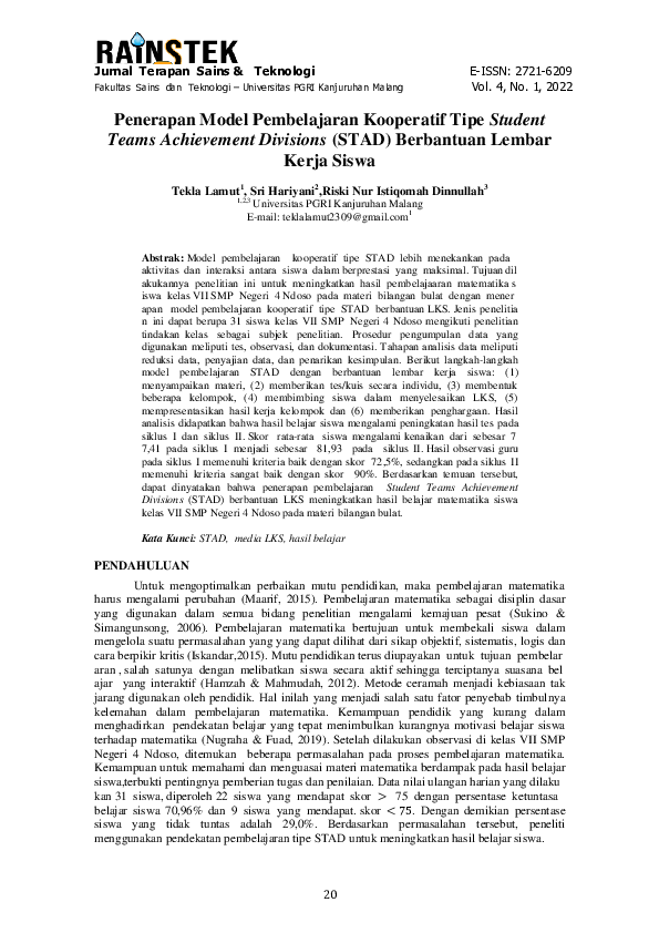 (PDF) Penerapan Model Pembelajaran Kooperatif Tipe Student Teams Achievement Division (STAD ...