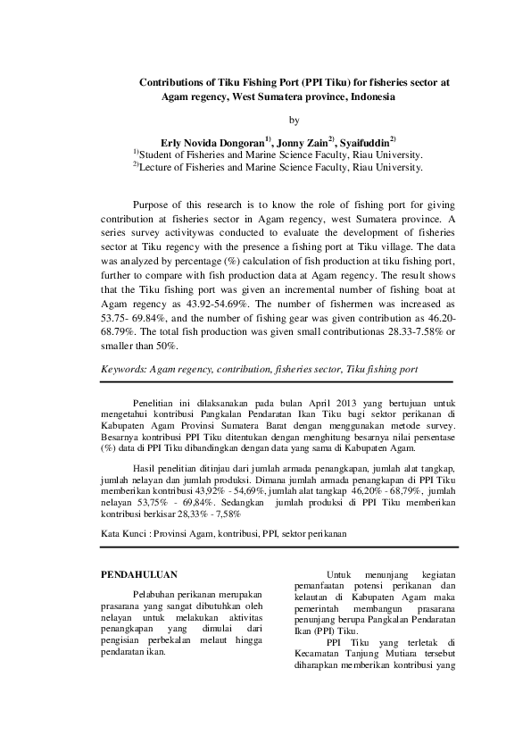 (PDF) Contributions of Tiku Fishing Port (PPI Tiku) for fisheries ...