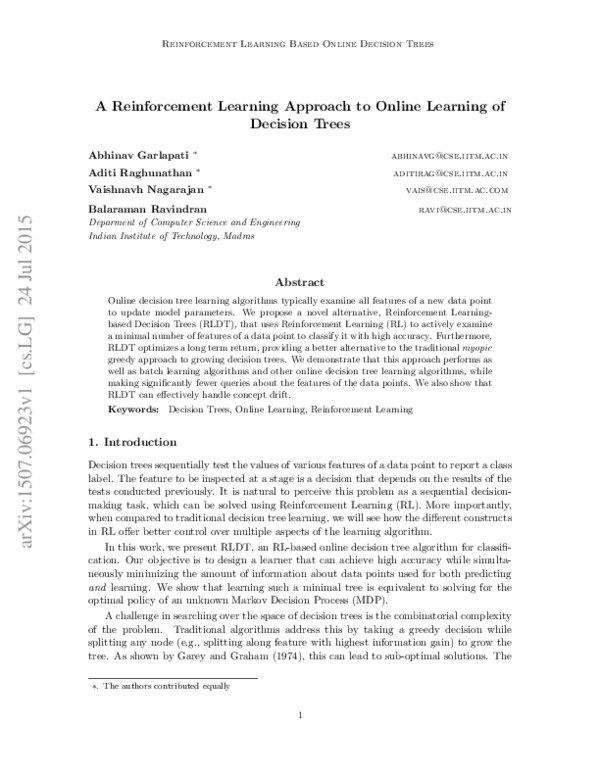 (PDF) A Reinforcement Learning Approach to Online Learning of Decision Trees