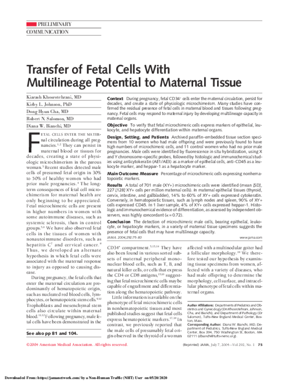 (PDF) Transfer of Fetal Cells With Multilineage Potential to Maternal ...