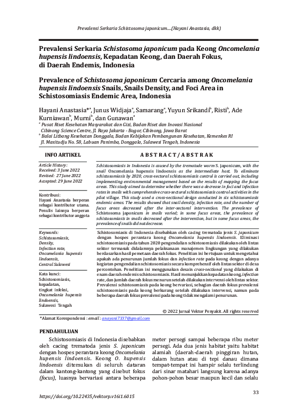 (PDF) Prevalensi Serkaria Schistosoma japonicum pada Keong Oncomelania ...