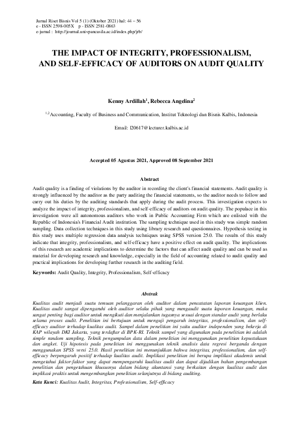 (PDF) The Impact of Integrity, Professionalism, and Self-Efficacy of ...