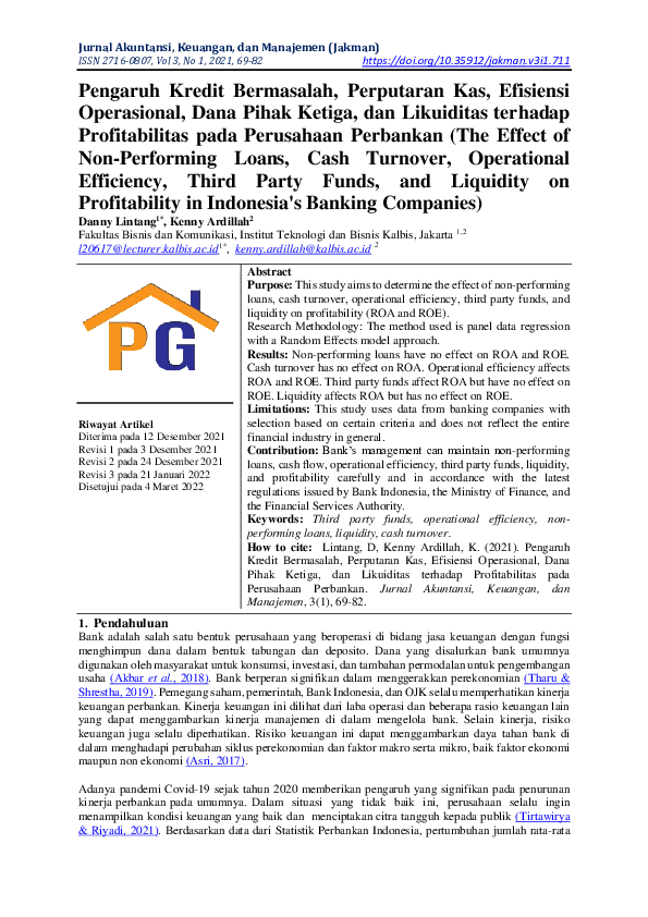 (PDF) Pengaruh Kredit Bermasalah, Perputaran Kas, Efisiensi Operasional, Dana Pihak Ketiga, dan ...