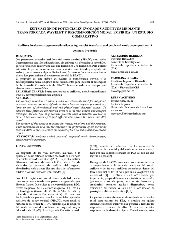 (PDF) ESTIMACIÓN DE POTENCIALES EVOCADOS AUDITIVOS MEDIANTE TRANSFORMADA WAVELET Y ...