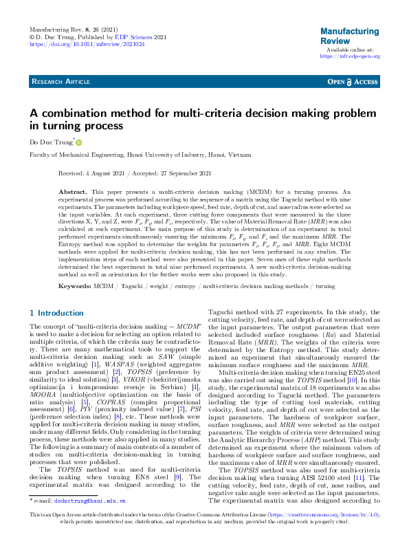 (PDF) A combination method for multi-criteria decision making problem in turning process