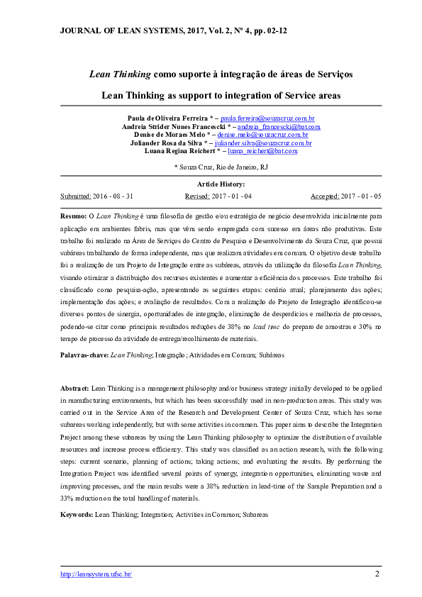 (PDF) Lean Thinking as support to integration of Service areas