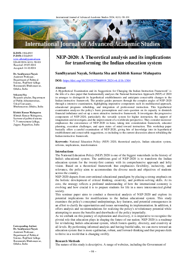 (PDF) NEP-2020: A Theoretical analysis and its implications for transforming the Indian ...