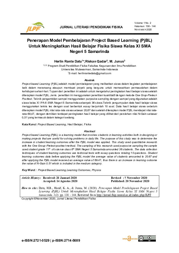 Penerapan Model Pembelajaran Project Based Learning (PjBL) untuk Meningkatkan Hasil Belajar ...