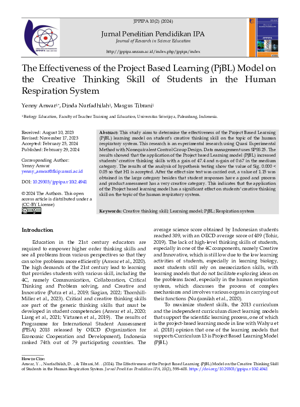 (PDF) The Effectiveness of the Project Based Learning (PjBL) Model on the Creative Thinking ...