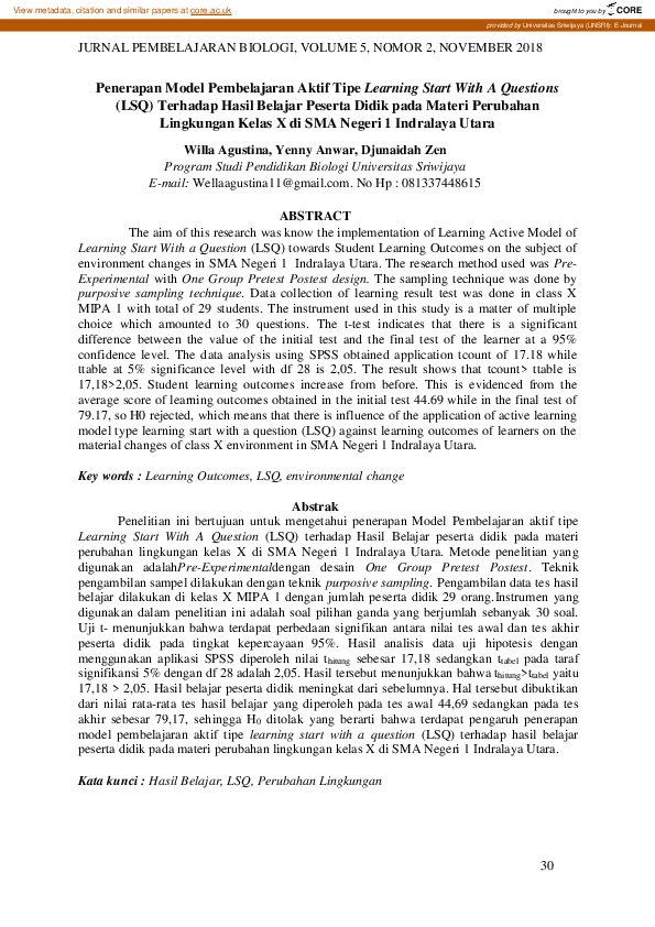 (PDF) Penerapan Model Pembelajaran Aktif Tipe Learning Start With A Questions (LSQ) Terhadap ...