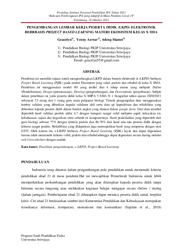 Pengembangan Lembar Kerja Peserta Didik (LKPD) Elektronik Berbasis Project Based Learning Materi ...