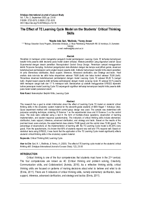 (PDF) The Effect of 7E Learning Cycle Model on the Students’ Critical Thinking Skills