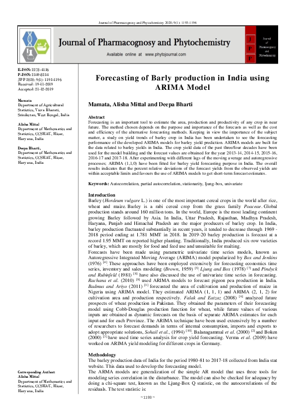 (PDF) Forecasting of Barly production in India using ARIMA Model