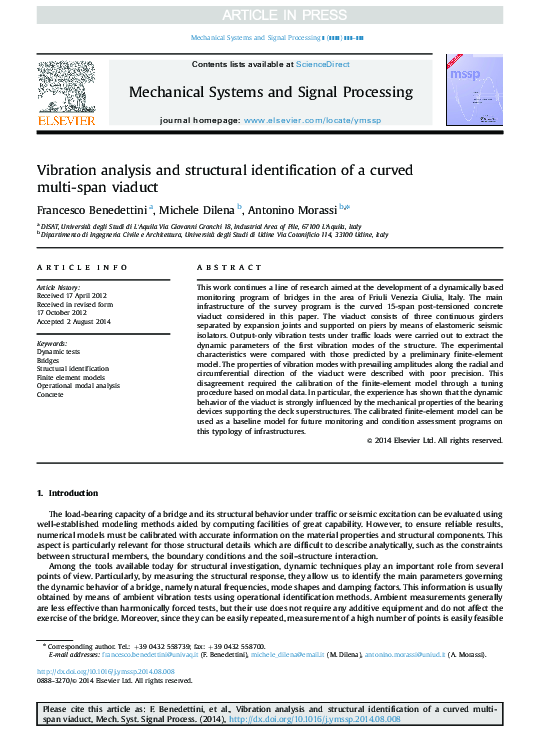 Pdf Vibration Analysis And Structural Identification Of A Seismically Isolated Bridge