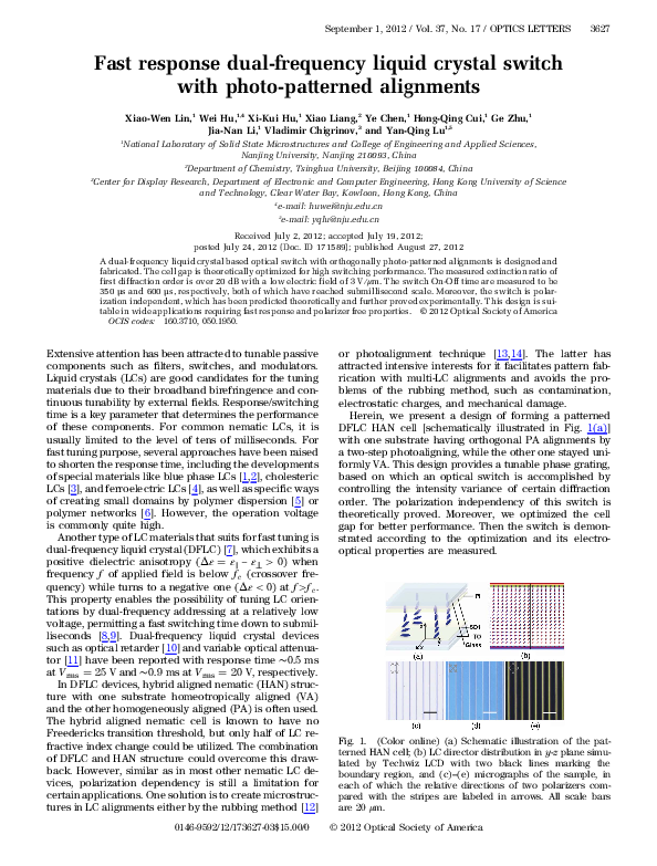 Fast response dual-frequency liquid crystal switch with photo-patterned ...