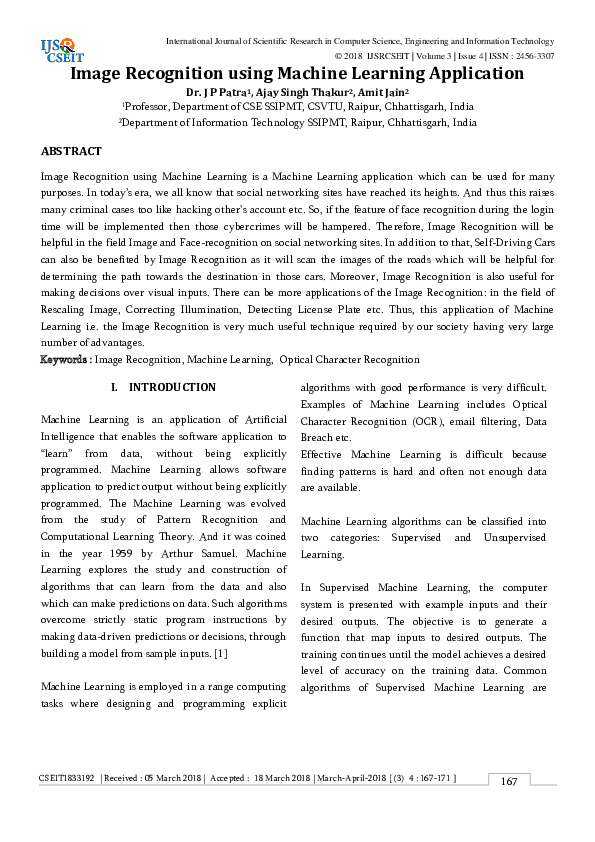 (PDF) Image Recognition using Machine Learning Application