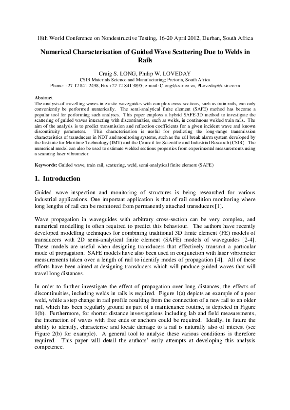 (PDF) Numerical Characterisation of Guided Wave Scattering Due to Welds ...