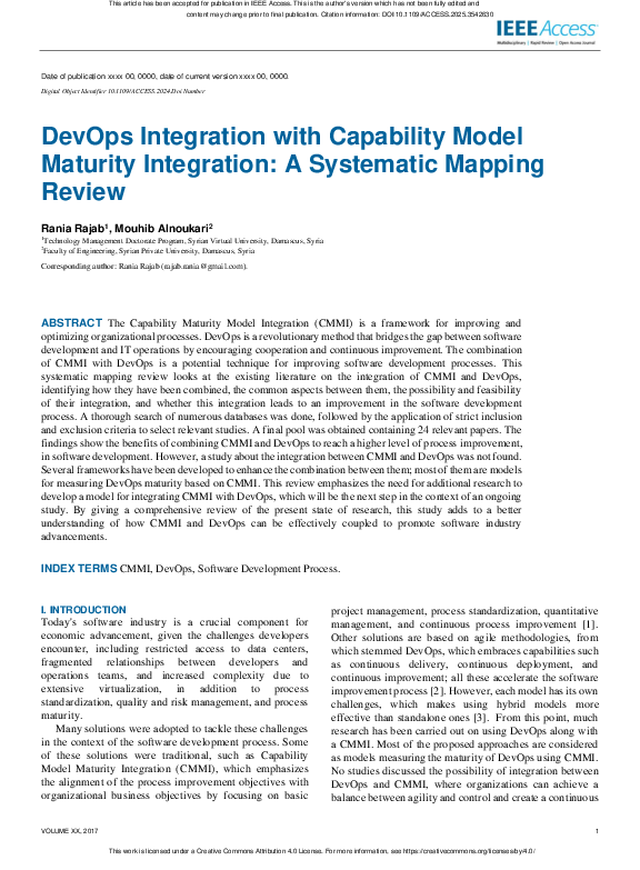 (PDF) DevOps Integration with Capability Model Maturity Integration: A Systematic Mapping Review
