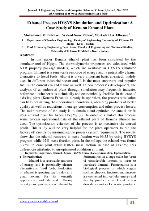 (PDF) Ethanol Process HYSYS Simulation and Optimization: A Case Study of Kenana Ethanol Plant