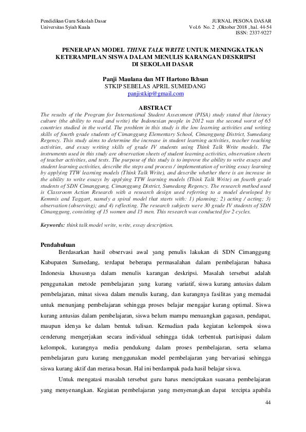 (PDF) Penerapan Model Think Talk Write Untuk Meningkatkan Keterampilan ...
