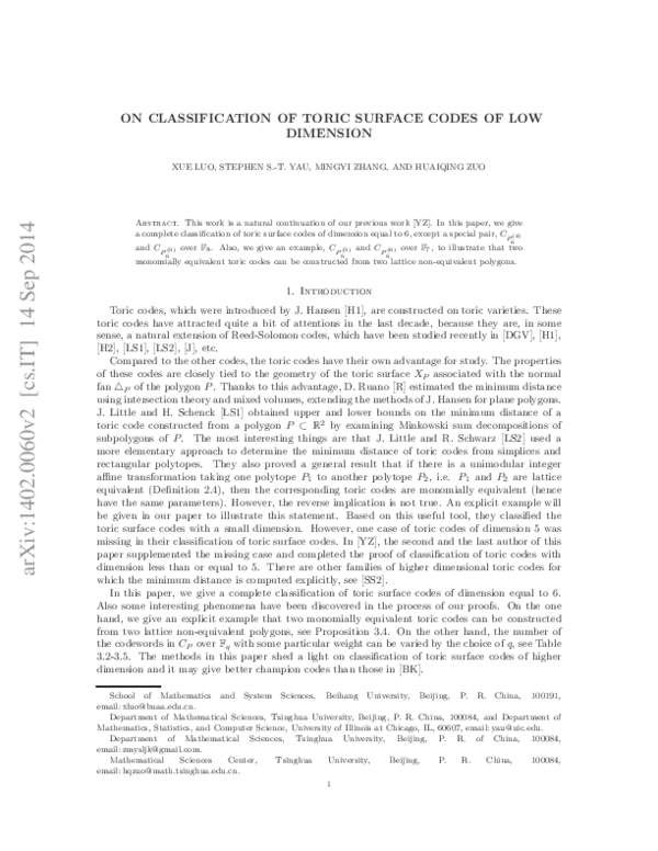 (PDF) On Classification of Toric Surface Codes of Low Dimension