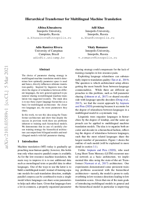 (PDF) Hierarchical Transformer for Multilingual Machine Translation