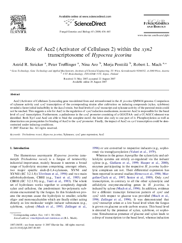(PDF) Role of Ace2 (Activator of Cellulases 2) within the xyn2 ...