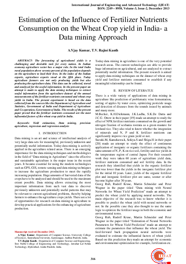 Estimation of the Influence of Fertilizer Nutrients Consumption on the Wheat Crop yield in India ...