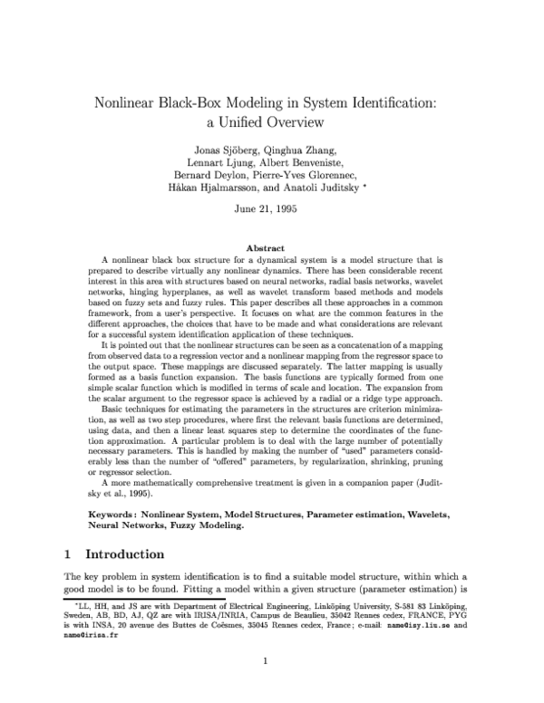 (PDF) Nonlinear black-box modeling in system identification: a unified overview