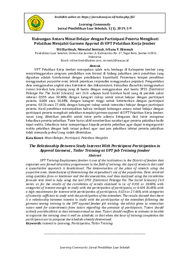 (PDF) Hubungan Antara Minat Belajar Dengan Partisipasi Peserta Mengikuti Pelatihan Menjahit ...