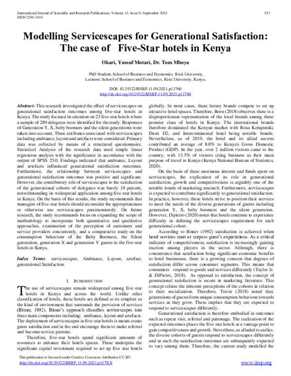 (PDF) Modelling Servicescapes for Generational Satisfaction: The case of Five-Star hotels in Kenya