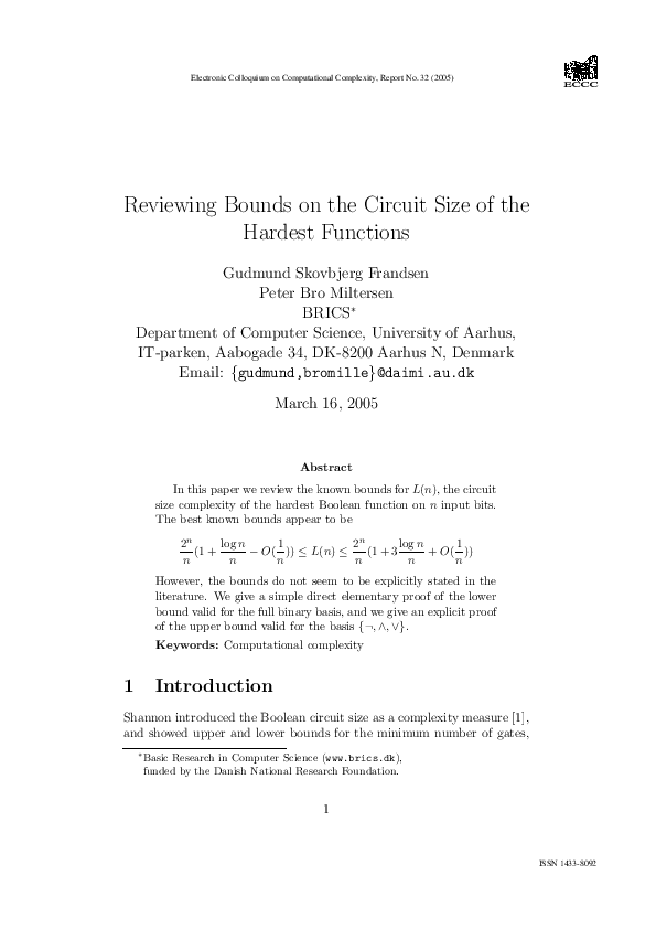 (PDF) Reviewing bounds on the circuit size of the hardest functions