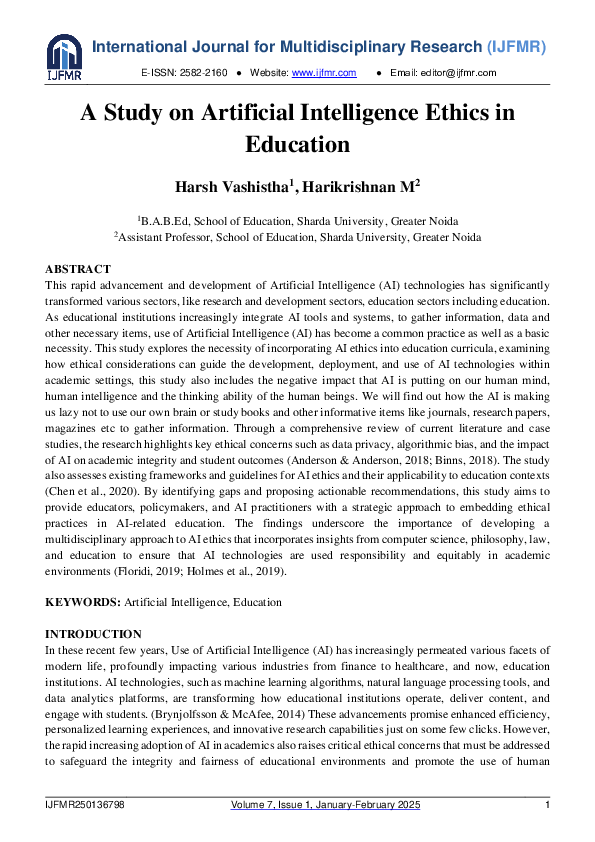 (PDF) A Study On Artificial Intelligence Ethics In Education