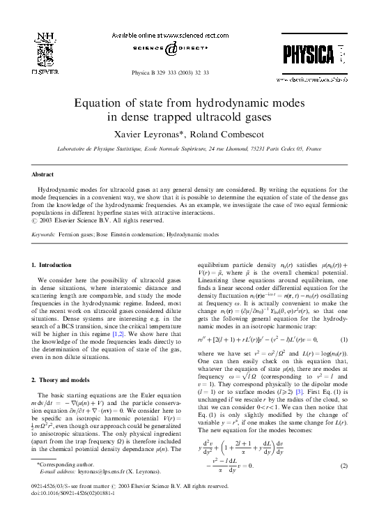 (PDF) Equation of state from hydrodynamic modes in dense trapped ultracold gases