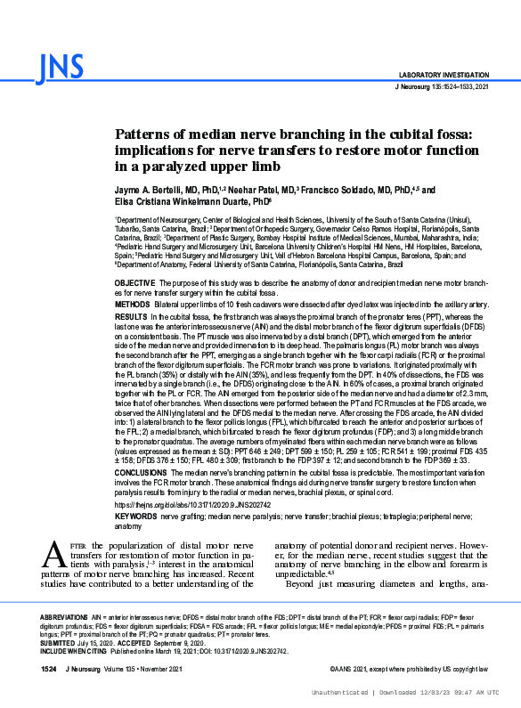 (PDF) Patterns of median nerve branching in the cubital fossa ...