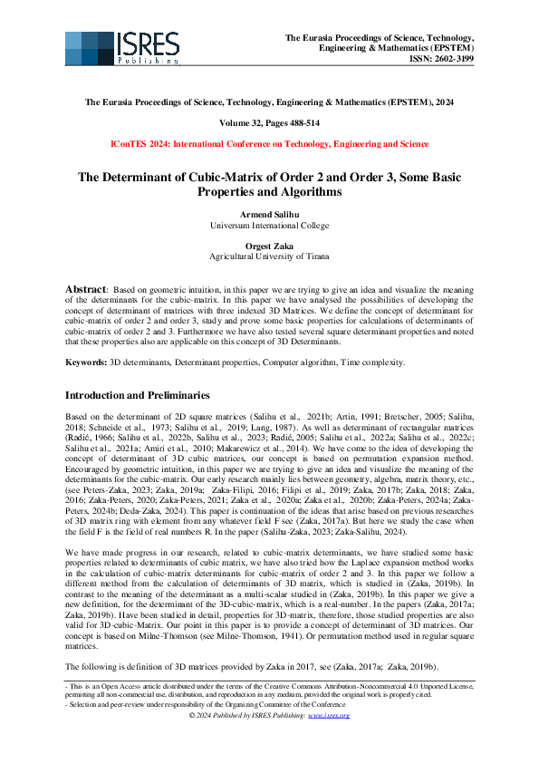 (PDF) The Determinant of Cubic-Matrix of Order 2 and Order 3, Some Basic Properties and Algorithms